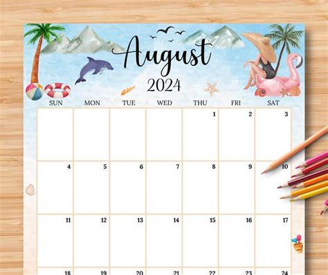 EDITABLE August 2024 Calendar Vertical Portrait Relaxing Summer At The