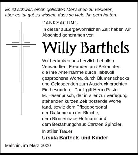 Traueranzeigen Von Willy Barthels Trauer Nordkurier