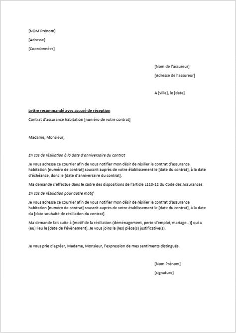 Lettre Pour Resilier Contrat Assurance