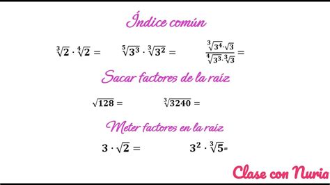 Índice común en raíces Sacar factores de la raíz Meter factores en