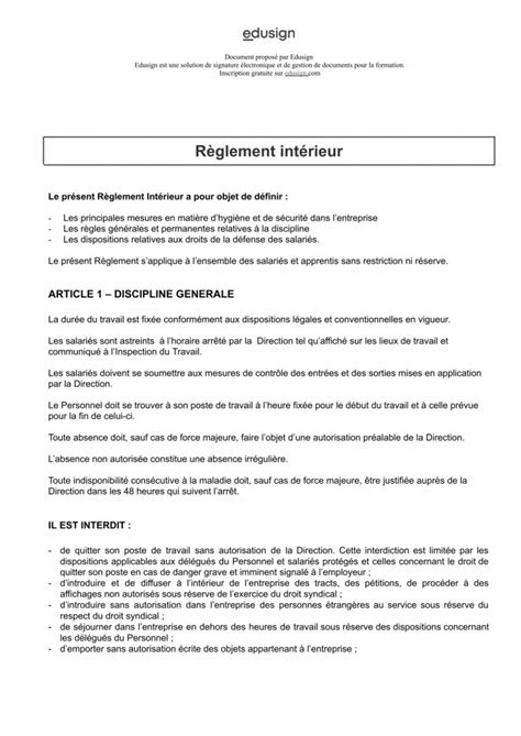 Règlement intérieur Modèle gratuit en format Word PDF Edusign