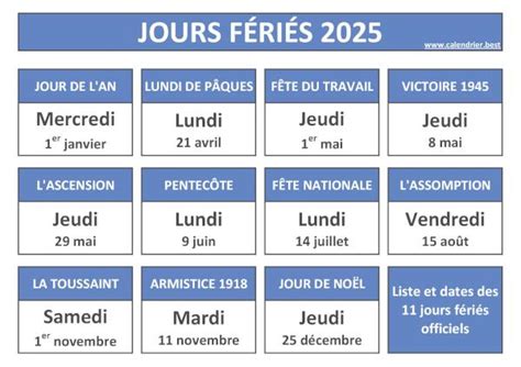 Jours fériés 2025 en France dates et calendriers 2025 avec jousr
