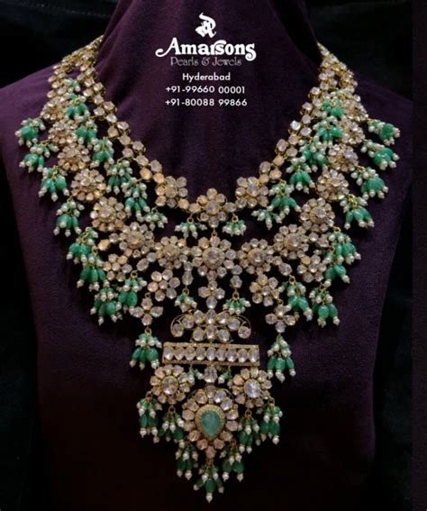 Layered Floral Polki Emerald Necklace Indian Jewellery Designs