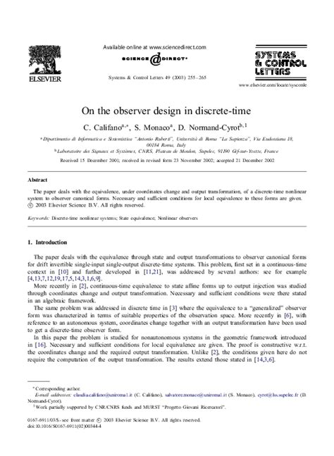 pdf on the observer design in discrete time salvatore monaco