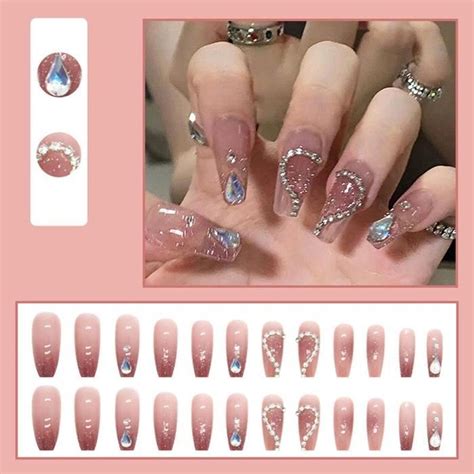 BD Faux ongles longs à pression Design de cœur de fleur pour