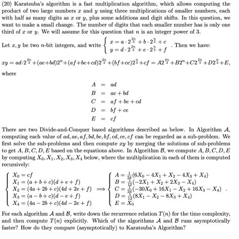 solved 20 karatsuba s algorithm is a fast multiplication