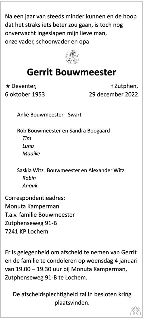 Gerrit Bouwmeester 29 12 2022 Overlijdensbericht En Condoleances