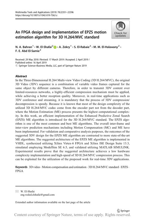 an fpga design and implementation of epzs motion estimation algorithm for 3d h 264 mvc standard