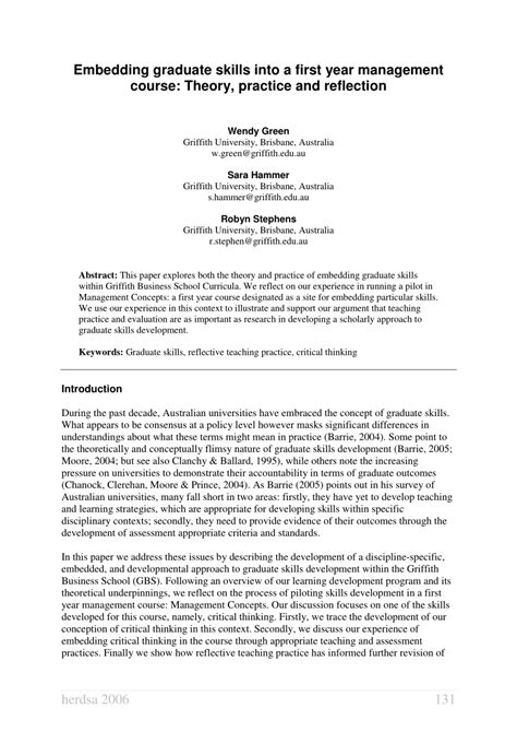 pdf embedding graduate skills into a first year management course theory practice and