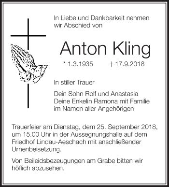Traueranzeigen Von Anton Kling Schwaebische De Trauerportal