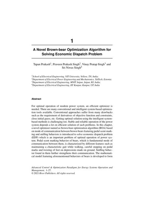 pdf a novel brown bear optimization algorithm for solving economic dispatch problem