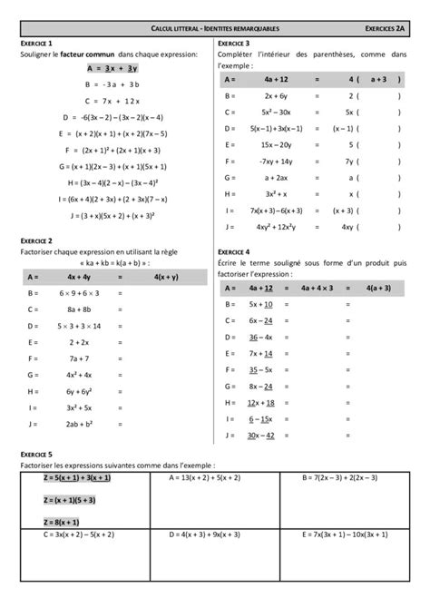 Calcul Litteral Eme Et Identit S Remarquables Exercices Corrig S Dyrassa