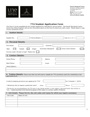 Fillable Online Une Edu TTA Student Application Form Fax Email Print