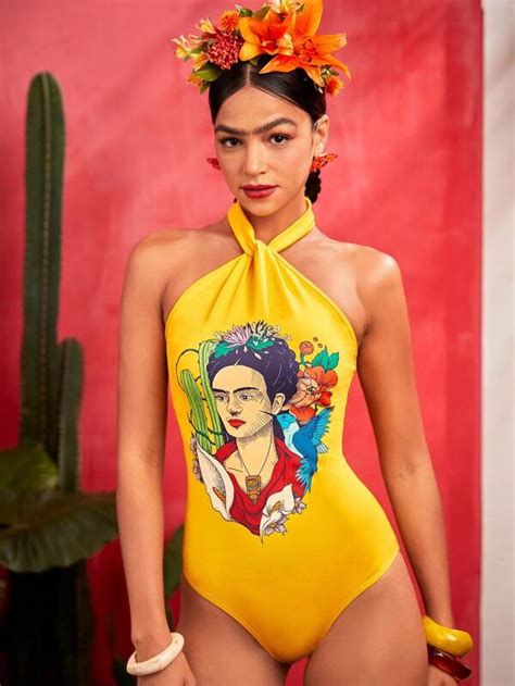 Frida Kahlo X SHEIN Figure Graphic Halter Neck Backless Bodysuit