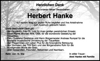 Traueranzeigen Von Herbert Hanke Mittelbayerische Trauer