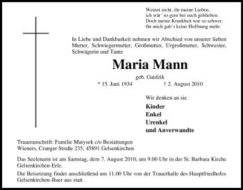 Traueranzeigen Von Maria Mann Trauer In Nrw De