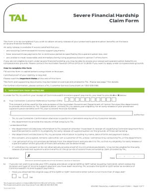 Fillable Online Severe Financial Hardship Claim Form TAL Insurance