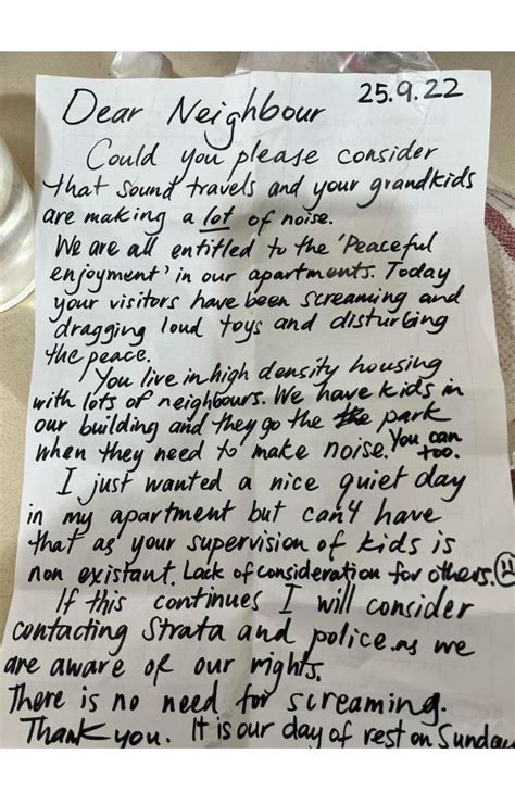 Sydney Neighbours Noise Complaint Note Sparks Debate Online Au — Australias Leading