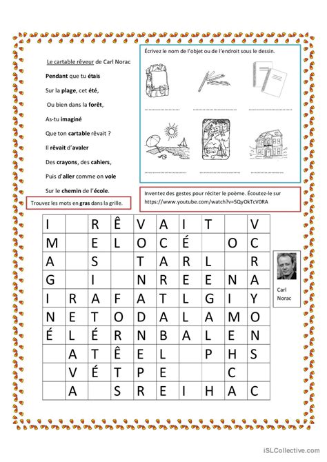 Poésie Le cartable rêveur Français FLE fiches pedagogiques pdf doc
