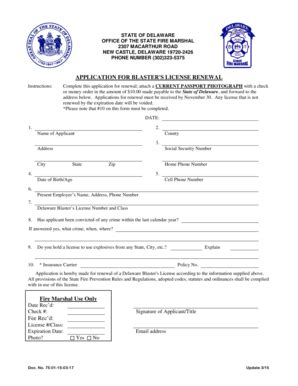 Fillable Online Statefiremarshal Delaware APPLICATION FOR BLASTERS