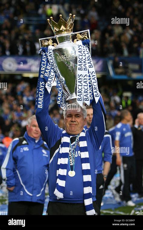 Chelsea Manager Carlo Ancelotti Celebrates With The Premier League