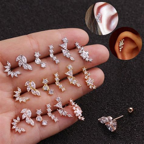 Cz Heart Star Moon Crown Cross Flower Ear Stud Tragus Cartilage Conch