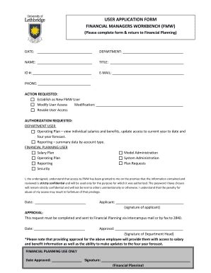 Fillable Online Uleth USER APPLICATION FORM FINANCIAL MANAGERS