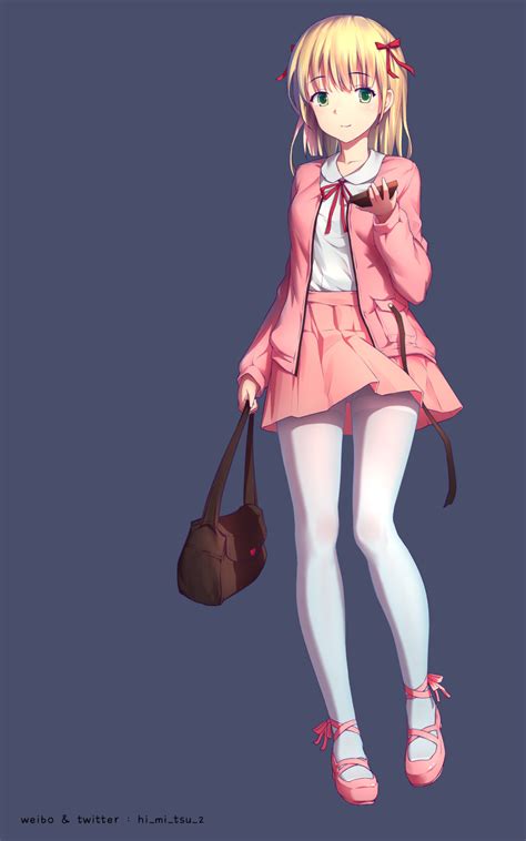 Safebooru 1girl Absurdres Bangs Blonde Hair Blue Background Breasts Contrapposto Eyebrows