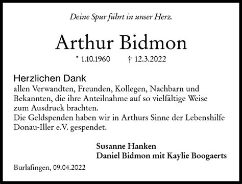 Traueranzeigen von Arthur Bidmon Allgäuer Zeitung