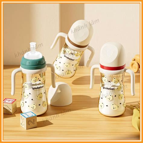 Bình Tập Uống Cho Bé Youkebei 300ml Hoạ Tiết Gấu Bình Tập Hút Có Chống