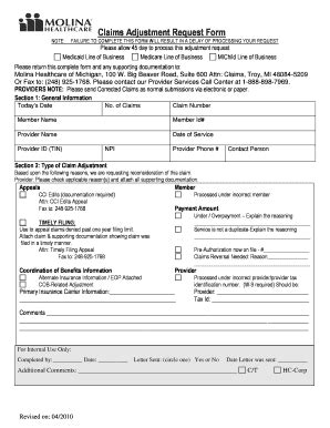 Fillable Online Claims Adjustment Request Form Molina Healthcare Fax