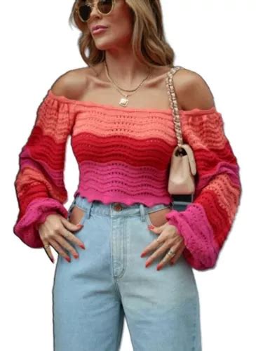 Blusa Feminina De Tricot Rendada Manga Flare Ciganinha Ombro