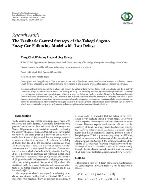 pdf the feedback control strategy of the takagi sugeno fuzzy car following model with two delays