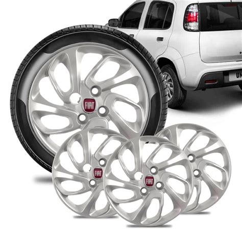 Jogo 4 Calota Fiat Uno Attractive Aro 14 Prata Emb Vermelho em Promoção