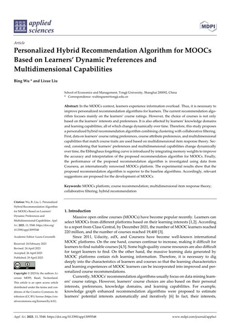 pdf personalized hybrid recommendation algorithm for moocs based on learners dynamic
