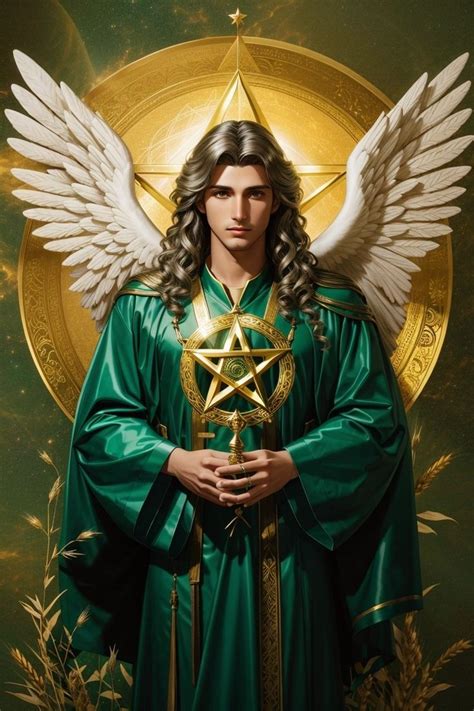 Archangel Uriel Wearing Green Robes Holding A Golden Pentacle Archangel