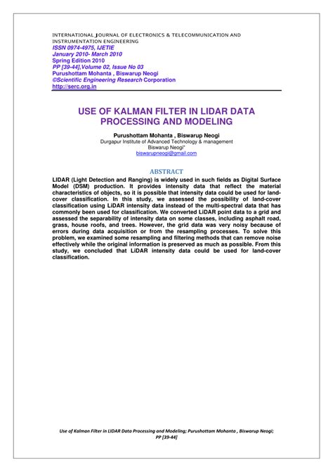 pdf use of kalman filter in lidar data processing and modeling