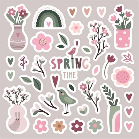 Conjunto De Pegatinas De Flores De Primavera Vector Premium