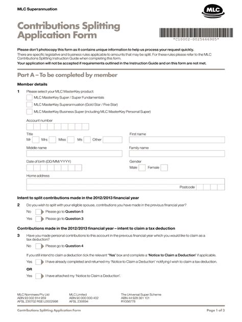 Fillable Online Contributions Splitting Application Form Nab Private