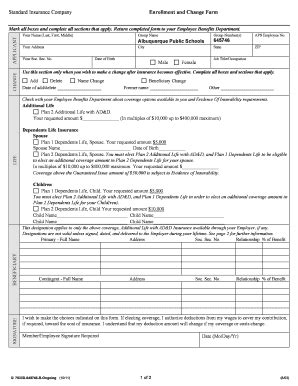 Fillable Online Additional Life Enrollment Form The Standard Fax
