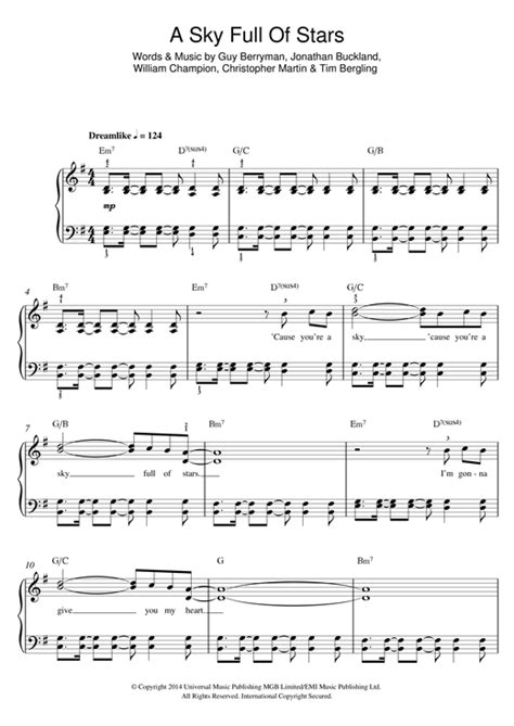 Coldplay A Sky Full Of Stars Sheet Music Notes Chords Coldplay