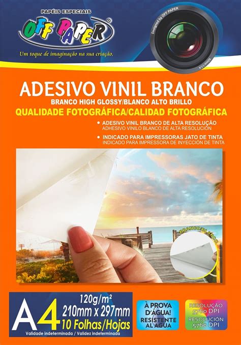 Adesivo Vinil Imprimível A4 120g Branco Brilho Off Paper 10 Folhas