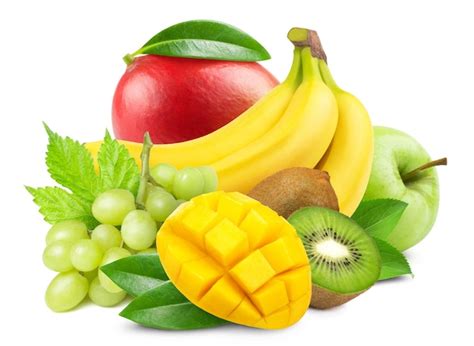Fruta aislada mango jugoso maduro kiwi plátanos uvas manzana sobre