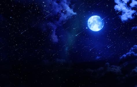 Luna en caída de estrellas azul lila cielo estrellado puesta de sol