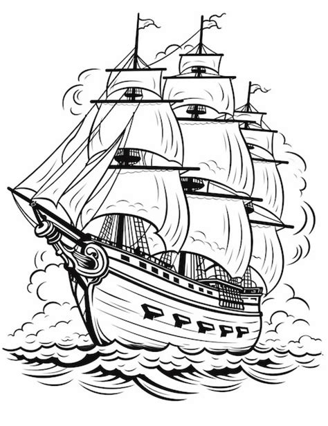 Un dibujo en blanco y negro de un barco navegando en el océano ai