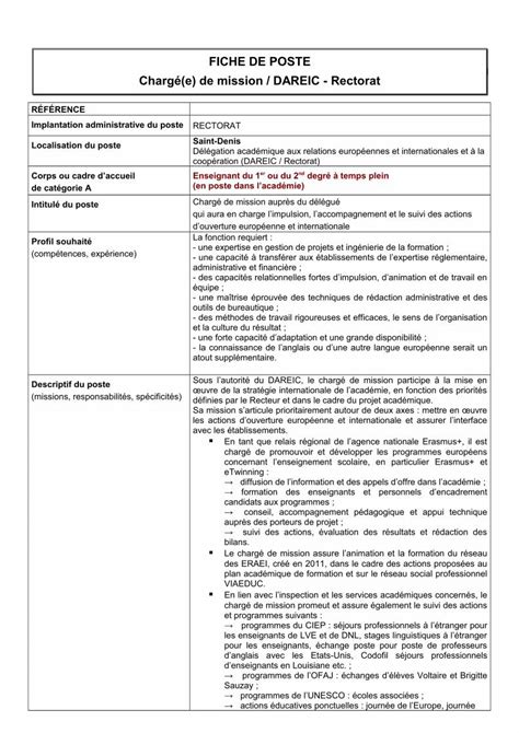 PDF MODELE DE FICHE DE POSTE Académie de La DAREIC sur le site