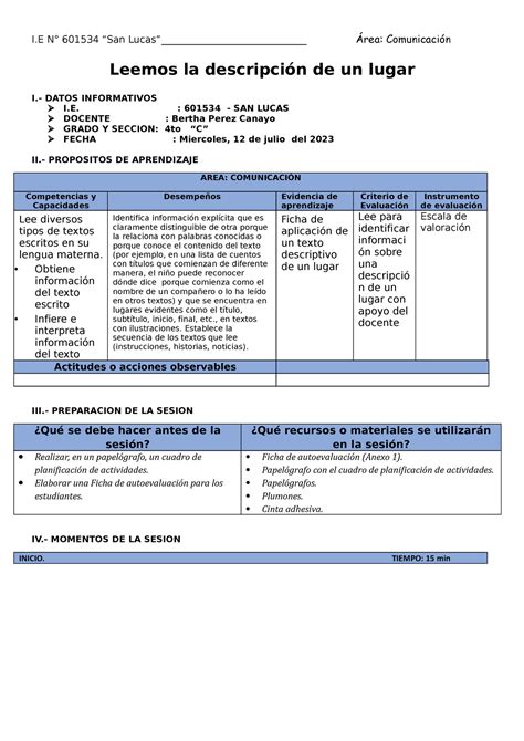 Leemos Una Descripcion De Un Lugar Leemos La Descripci N De Un