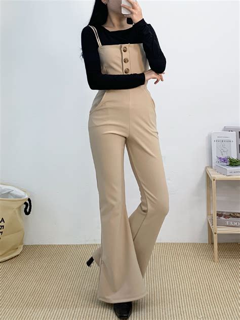 루미에르 당일출고 멜빵바지 2color 럭키 단추 부츠컷팬츠 원피스 점프수트 멜빵원피스 부츠컷슬랙스 와이드팬츠 데님팬츠 나시