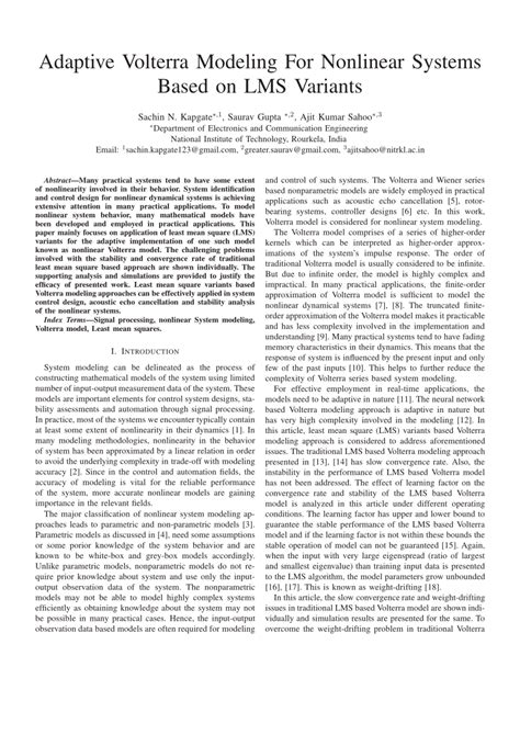 pdf adaptive volterra modeling for nonlinear systems based on lms variants
