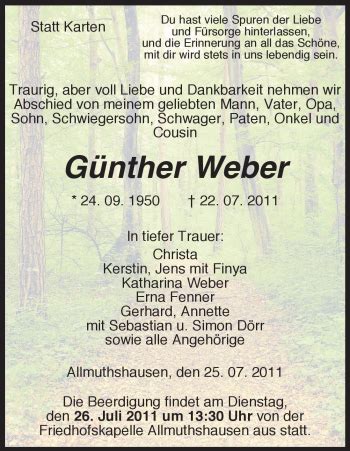Traueranzeigen von Günther Weber Trauer HNA de